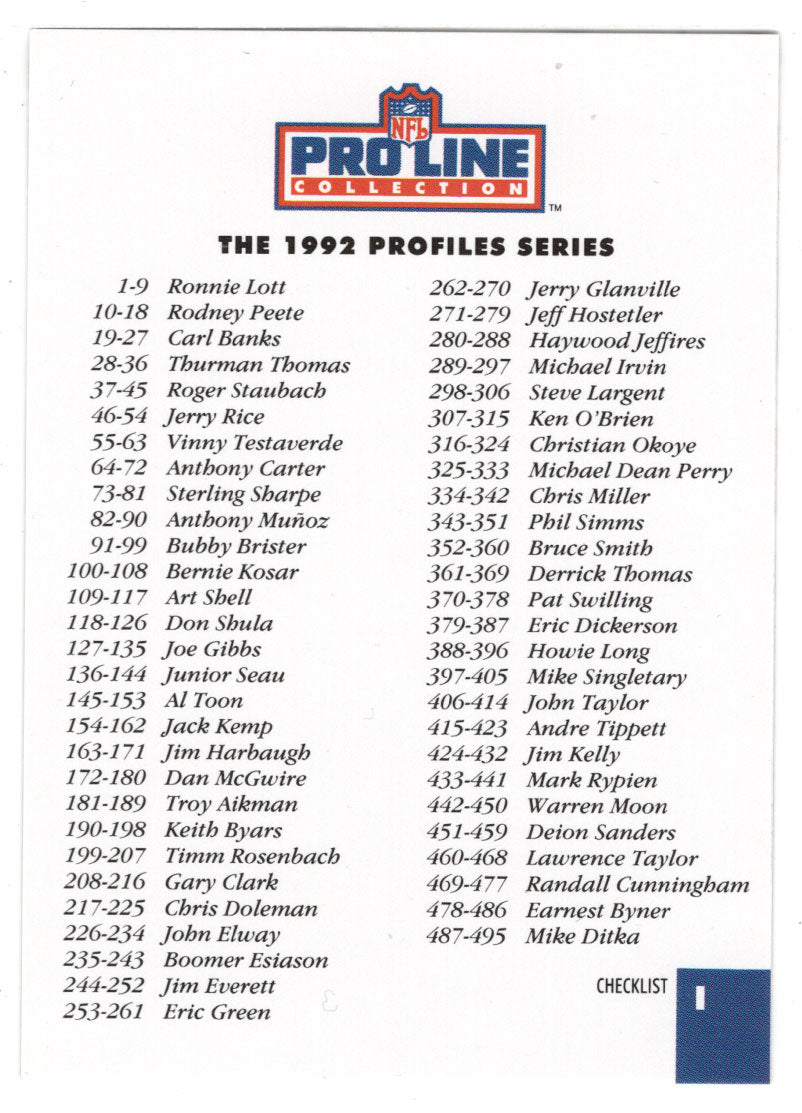 Checklist I (NFL Football Card) 1992 Pro Line Portraits # I Mint ...