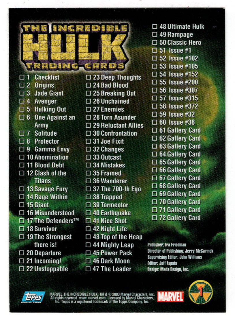 The Incredible Hulk Title Card and Checklist (Trading Card) The Incred ...